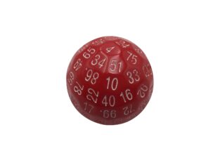 single 100 sided polyhedral dice (d100), solid red color with white numbering, 45 millimeters by skullsplitter dice