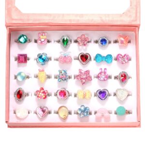 pinksheep little girl jewel rings in box, adjustable, no duplication, girl pretend play and dress up rings (30 jewel ring)