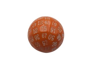 single 100 sided polyhedral dice (d100), solid orange color with white numbering, 45 millimeters by skullsplitter dice