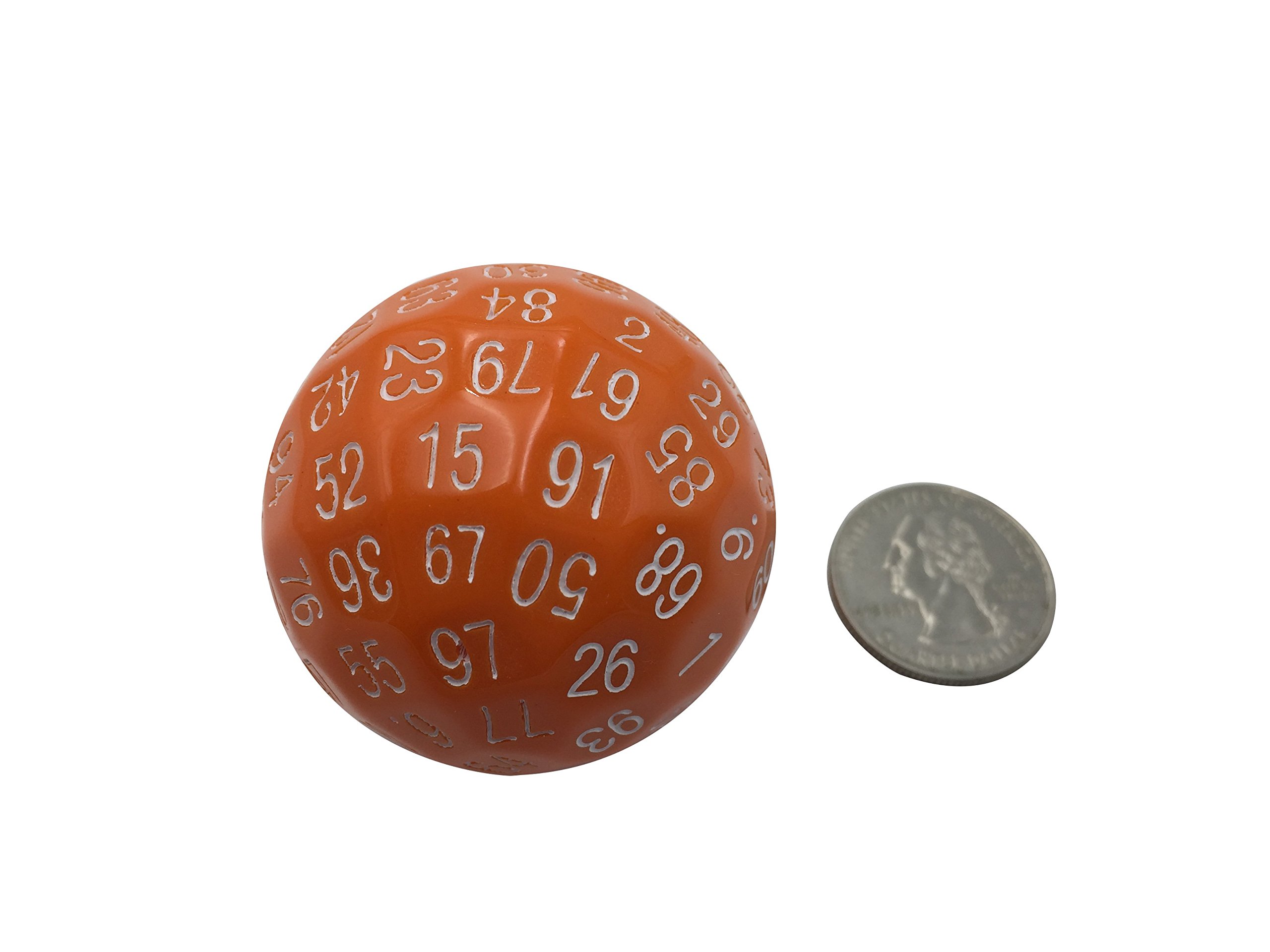 Single 100 Sided Polyhedral Dice (D100), Solid Orange Color with White Numbering, 45 Millimeters by SkullSplitter Dice