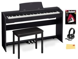 casio privia px-770 digital piano - black bundle with furniture bench, headphones, piano book, online piano lessons, instructional dvd, and austin bazaar polishing cloth