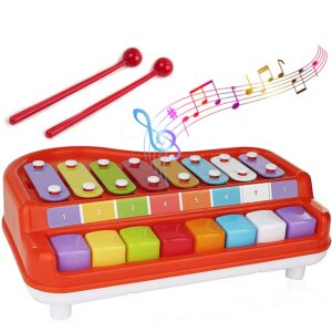 toysery 2 in 1 baby piano xylophone for toddlers. piano toy musical instrument with 8 multicolored key scales in crisp and clear tones. mallet included. ages 3 years and above.