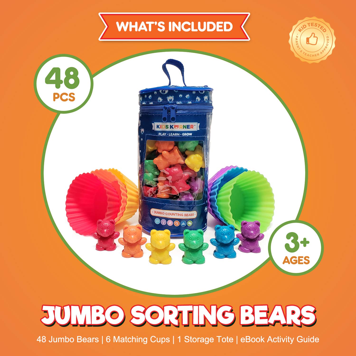 Jumbo Counting Bears with Stacking Cups - Montessori Educational Sorting Rainbow Toys For 3 Year Old Boys and Girls with 48 Preschool Math Manipulatives, Toy Storage and Toddler Games eBook