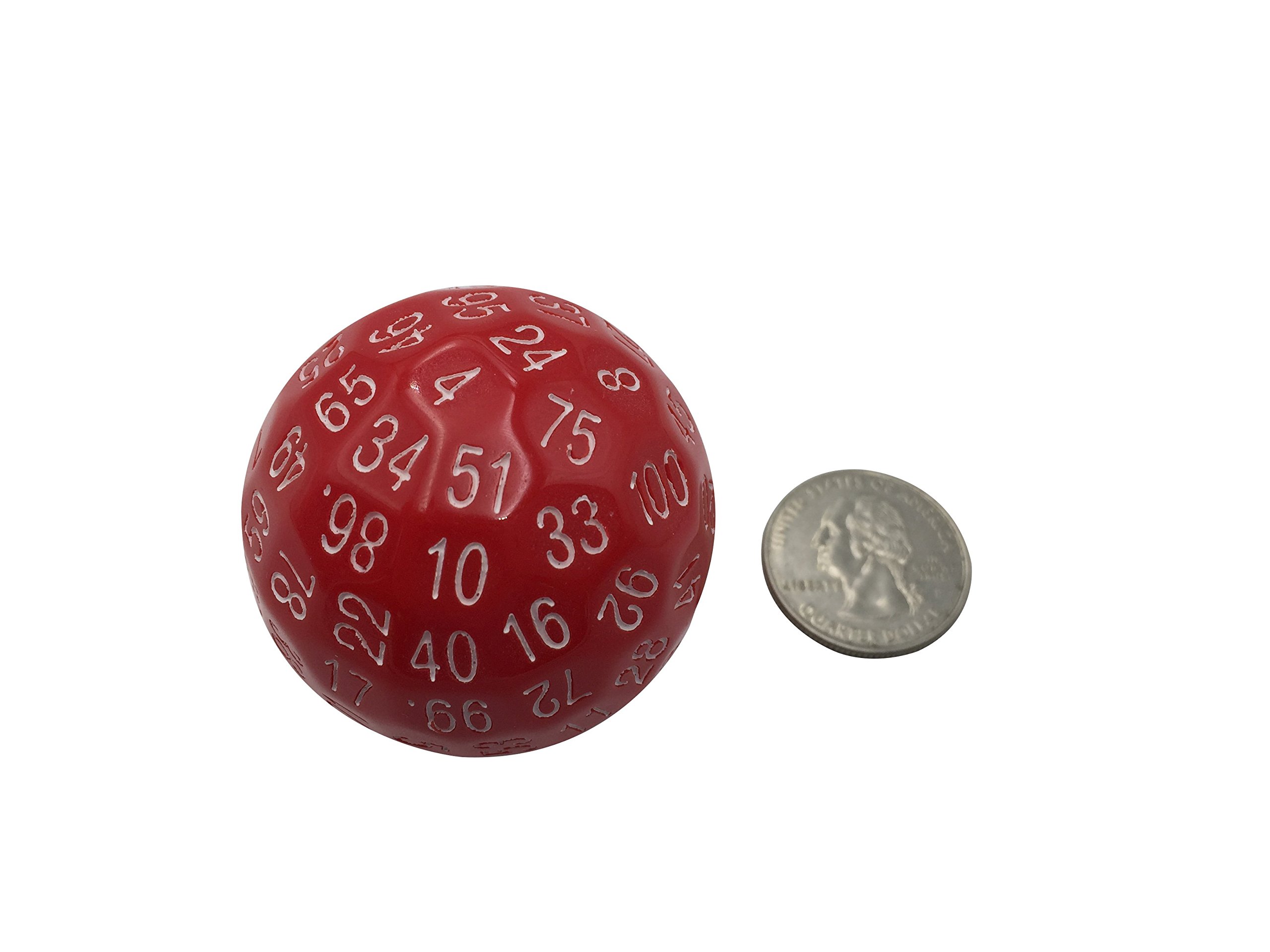 Single 100 Sided Polyhedral Dice (D100), Solid Red Color with White Numbering, 45 Millimeters by SkullSplitter Dice