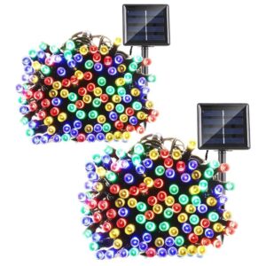 qedertek solar string lights, 72ft 200 led fairy lights, 8 modes ambiance lighting for outdoor, patio, lawn, landscape, garden, home, wedding (2 pack, multi-color)