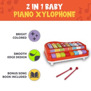 Toysery 2 in 1 Baby Piano Xylophone for Toddlers. Piano Toy Musical Instrument with 8 Multicolored Key Scales in Crisp and Clear Tones. Mallet Included. Ages 3 Years and Above.