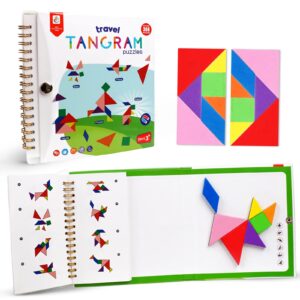 usatdd travel tangram puzzle with 2 set, magnetic pattern blocks road trip games educational jigsaw challenge books for kid adult brain teasers with 368 solution montessori travel toys for kids in car