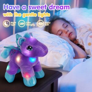 BSTAOFY Light up Pegasus Stuffed Animal Glow Unicorn LED Soft Plush Toys, Bedtime Nightlight Companion Gift for Kids on Christmas Birthday Valentines Day, Purple