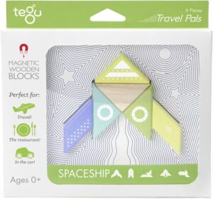 6 piece tegu travel pal magnetic wooden block set, spaceship