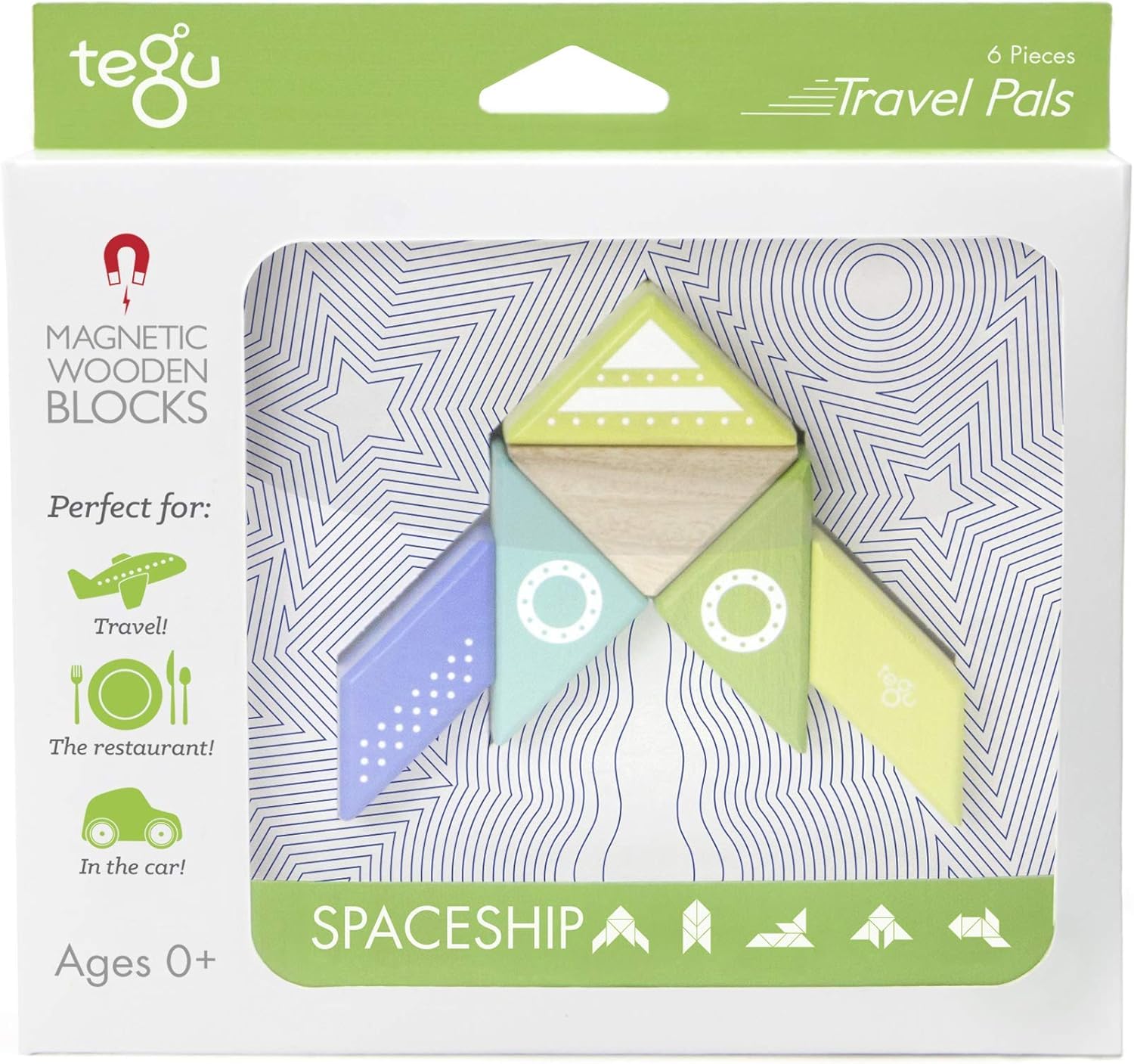 6 Piece Tegu Travel Pal Magnetic Wooden Block Set, Spaceship