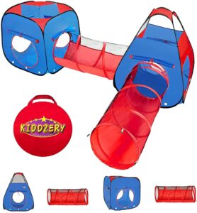 kiddzery 4pc kids play tent pop up ball pit - 2 tents + 2 crawl tunnels - children tent for boys & girls, kids toddlers & baby, large playhouse for indoor & outdoor with carrying case, great gift idea