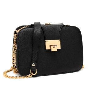 forestfish ladies’ black pu leather shoulder bag purse evening clutch bags crossbody bag with long metal chain strap, black