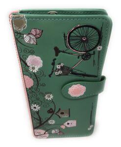 shag wear vintage postcard floral bicycle large wallet for women and teen girls vegan faux leather teal 7"