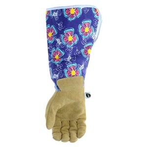 Miracle-Gro MG23246 Rose Pruning Work Gloves - [1 Pair, Small/Medium] Purple/Floral, Split Cowhide Leather Gloves with Extended Canvas Cuff