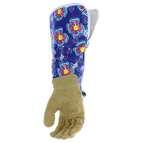 Miracle-Gro MG23246 Rose Pruning Work Gloves - [1 Pair, Small/Medium] Purple/Floral, Split Cowhide Leather Gloves with Extended Canvas Cuff