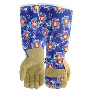 miracle-gro mg23246 rose pruning work gloves - [1 pair, small/medium] purple/floral, split cowhide leather gloves with extended canvas cuff