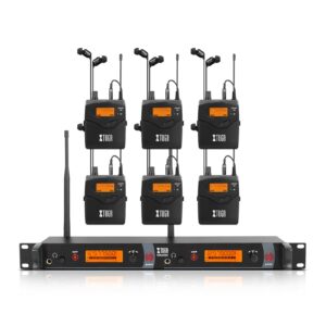 xtuga rw2080 uhf iem wireless in ear monitor system, 2 channel wireless in ear monitor system with in earphones iem system 6 bodypacks, wireless range 300ft, 40 frequencies 572mhz-599mhz