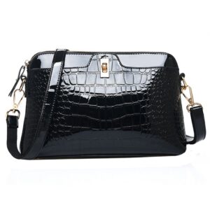 women pu patent leather alligator stripe handbag clutch shoulder bag cross body bag clutch handbag shell bag(black)