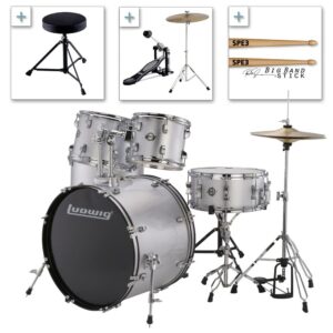 ludwig accent drive series lc175 complete drum package with cymbals, hardware, drum throne, chain-drive pedal and sticks (silver foil)