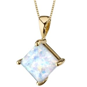 peora 14k yellow gold created white opal pendant for women, classic solitaire, princess cut, 8mm, 1 carat total, october birthstone necklace, fire opal necklace, for jewelry gift & everyday wear