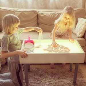 light sandbox all-in-1: activity table + sensory table + light table + sand box + whiteboard + chalk desk. includes: cover, color controller, sand and trowel, legs with adjustable height