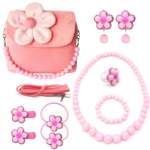 elesa miracle little girl handbag beauty set kids plush handbag + flower-shaped clip-on earrings rings hair clips and hair ties + necklace and bracelet set (pink)