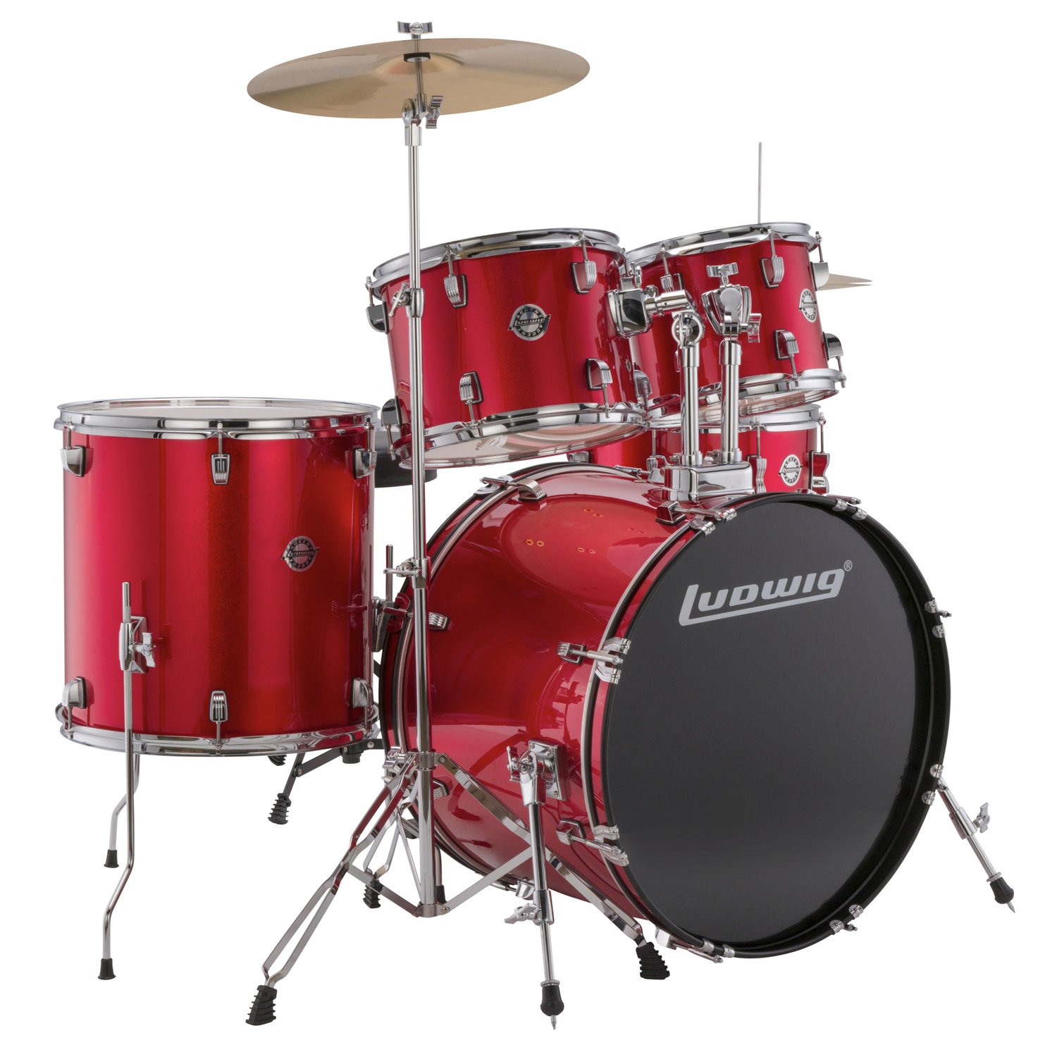 Ludwig LC19514 Accent Drive Complete Drum Set Package with Cymbals, Hardware, Drum Throne, Chain-drive Pedal and Drumsticks, Red Sparkle