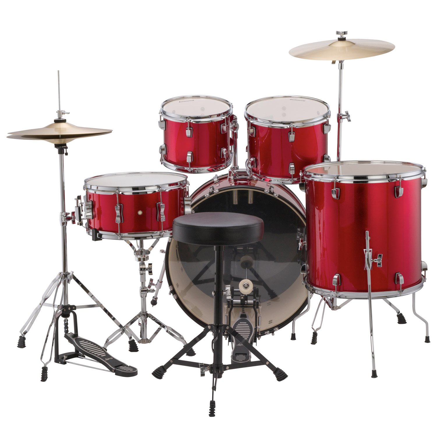 Ludwig LC19514 Accent Drive Complete Drum Set Package with Cymbals, Hardware, Drum Throne, Chain-drive Pedal and Drumsticks, Red Sparkle