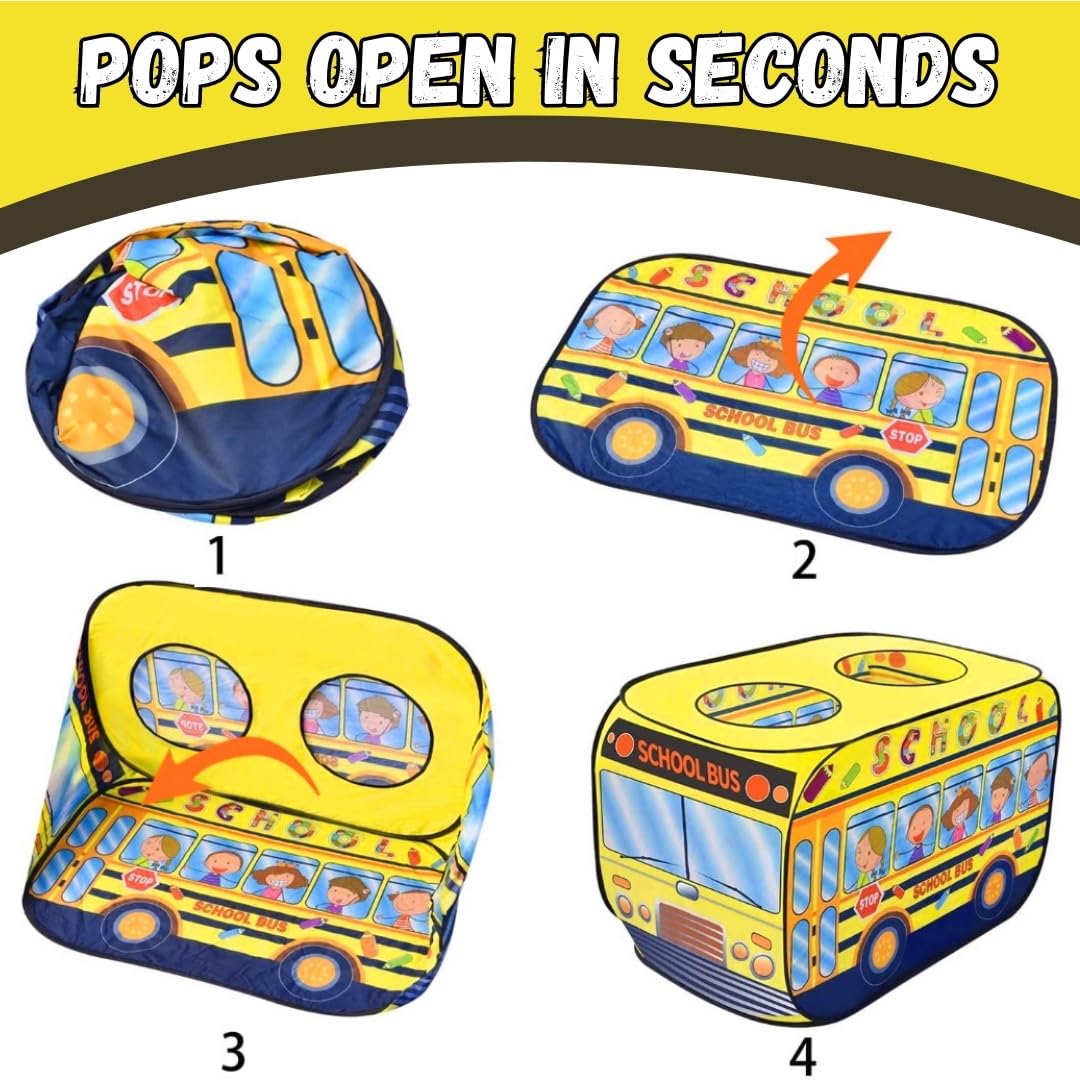 Pop Up Play Tent for Kids - My First Foldable Indoor & Outdoor Playhouse Vehicle Toys for Toddlers, Boys and Girls (School Bus)