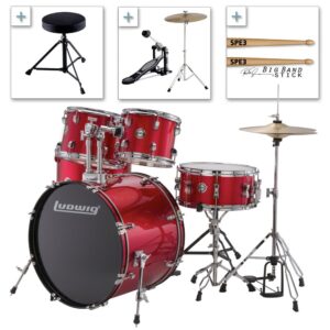 ludwig lc19514 accent drive complete drum set package with cymbals, hardware, drum throne, chain-drive pedal and drumsticks, red sparkle