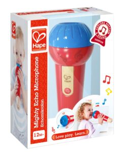 hape mighty echo microphone | battery-free voice amplifying microphone toy for kids 1 year & up, red, model number: e0337