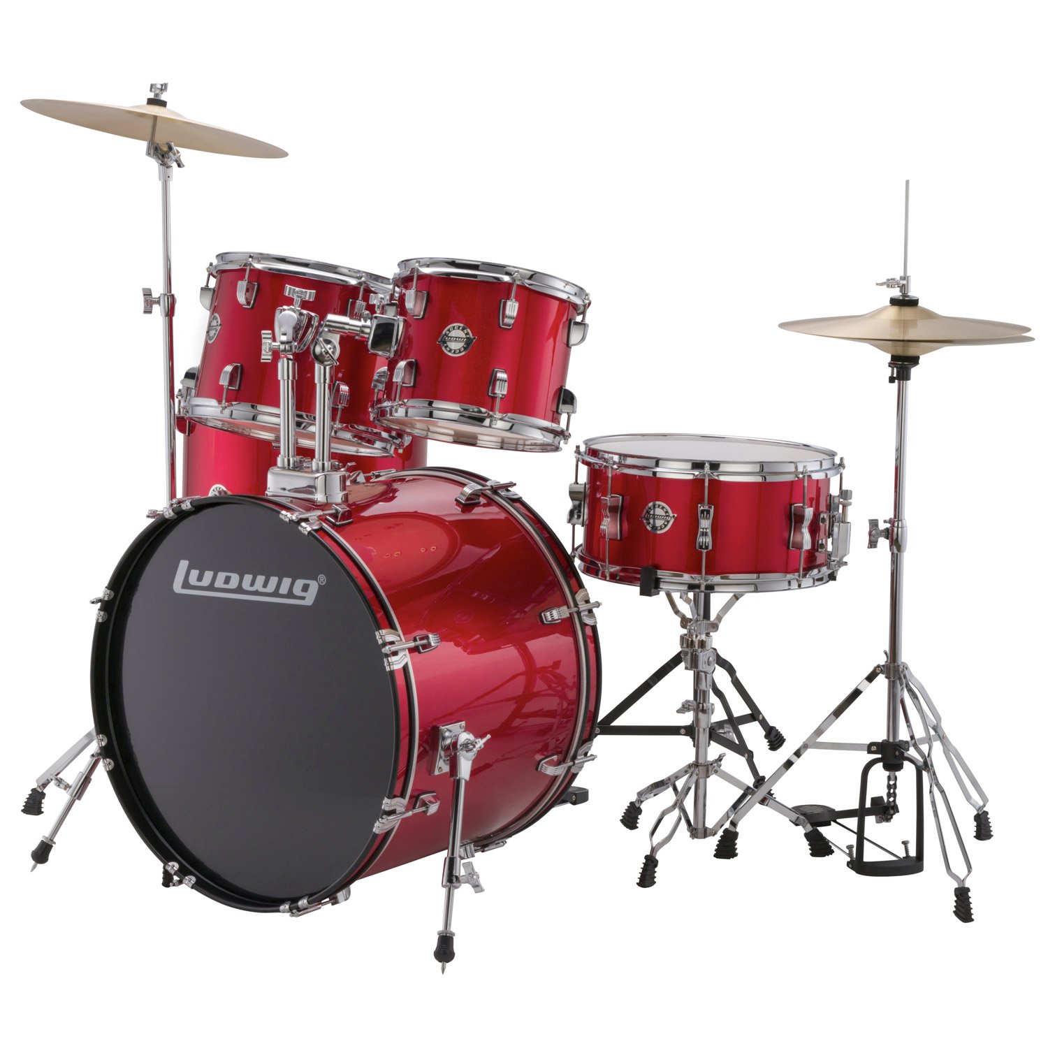 Ludwig LC19514 Accent Drive Complete Drum Set Package with Cymbals, Hardware, Drum Throne, Chain-drive Pedal and Drumsticks, Red Sparkle