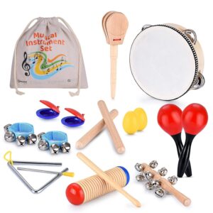 boxiki kids musical instruments set of 16 pcs - toddler educational & musical percussion for kids - with tambourine, maracas & castanets & more to fine motor skills - 3+ years olds