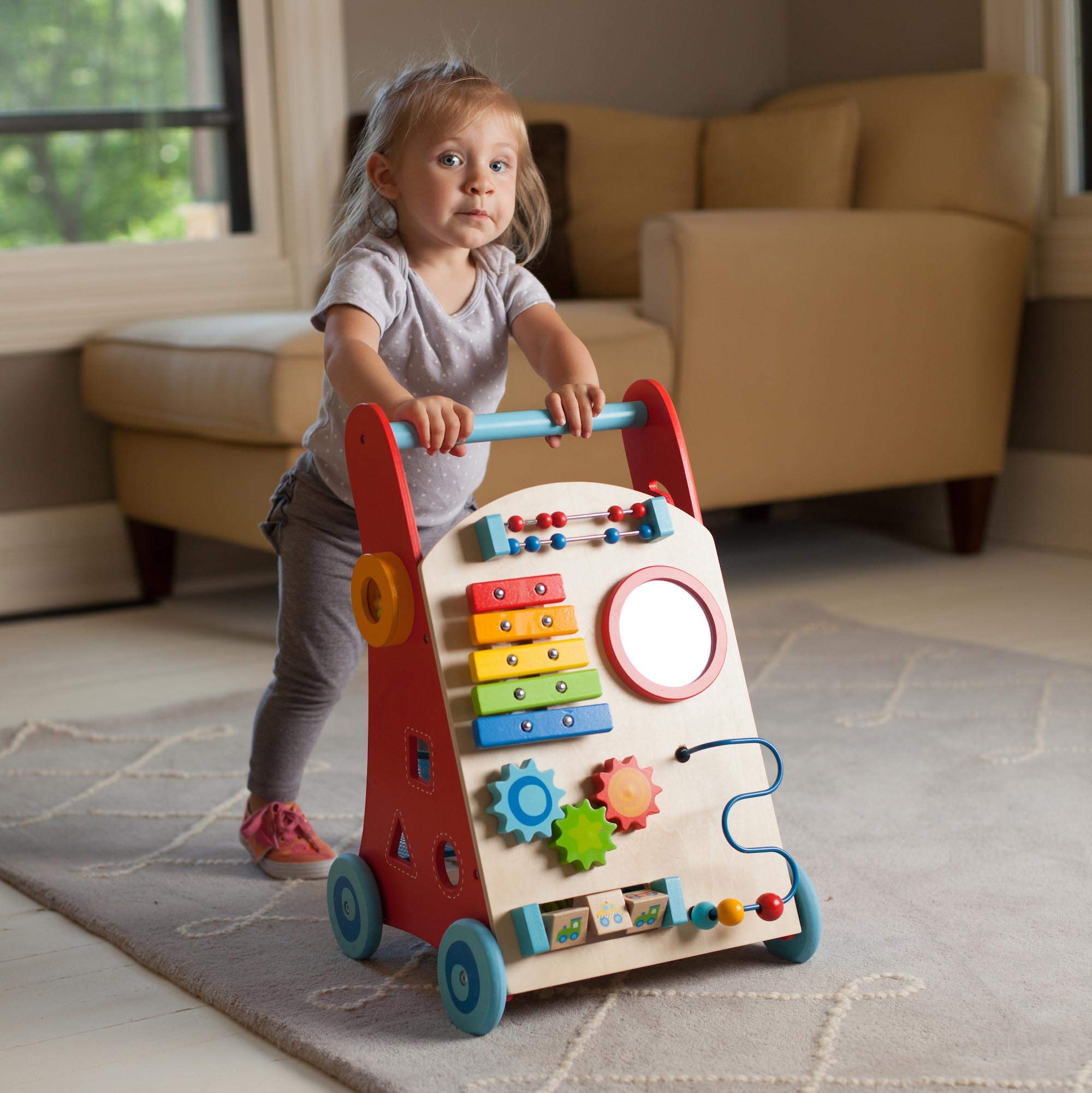 Fat Brain Toys Busy Baby Deluxe Walker - Wooden Early-Learning Activity Toy, 18 mos+