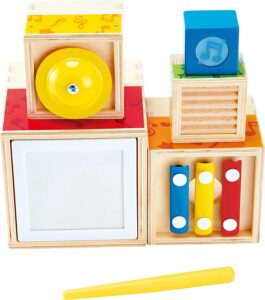 hape stacking music set | colorful 6 piece musical box toy, wooden set for kids 18 months+