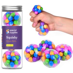 squishy stress ball squeeze, color sensory toy, relieve tension, anxiety, adhd, home, travel and office use, fun for kids and adults (4-pack)