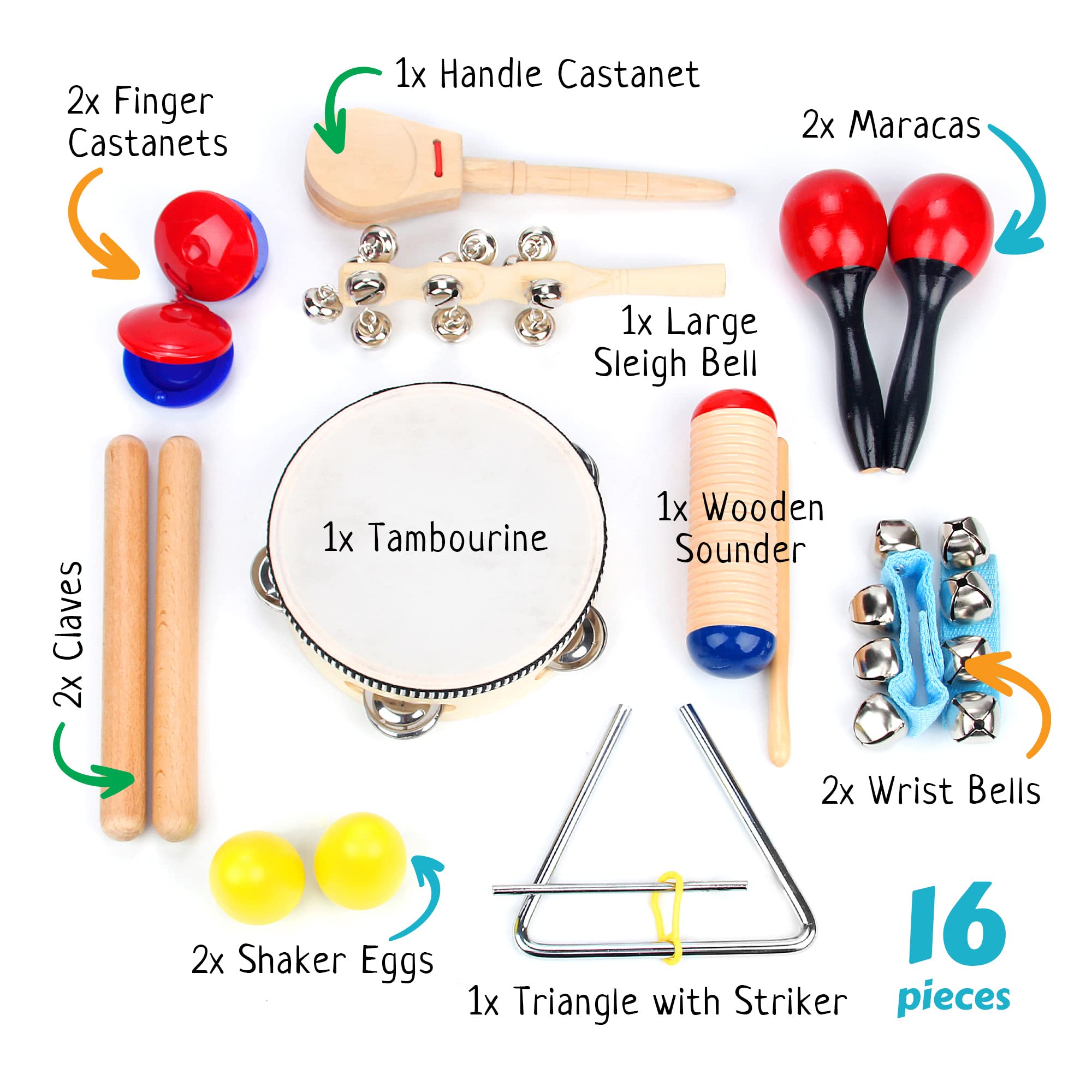 Boxiki kids Musical Instruments Set of 16 PCS - Toddler Educational & Musical Percussion for Kids - with Tambourine, Maracas & Castanets & More to Fine Motor Skills - 3+ Years Olds