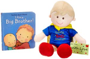 big brother set for little boys and toddlers, super big brother doll with cape and i am a big brother book by carolyn church bundle with gift tag (super brother / church / gift tag)