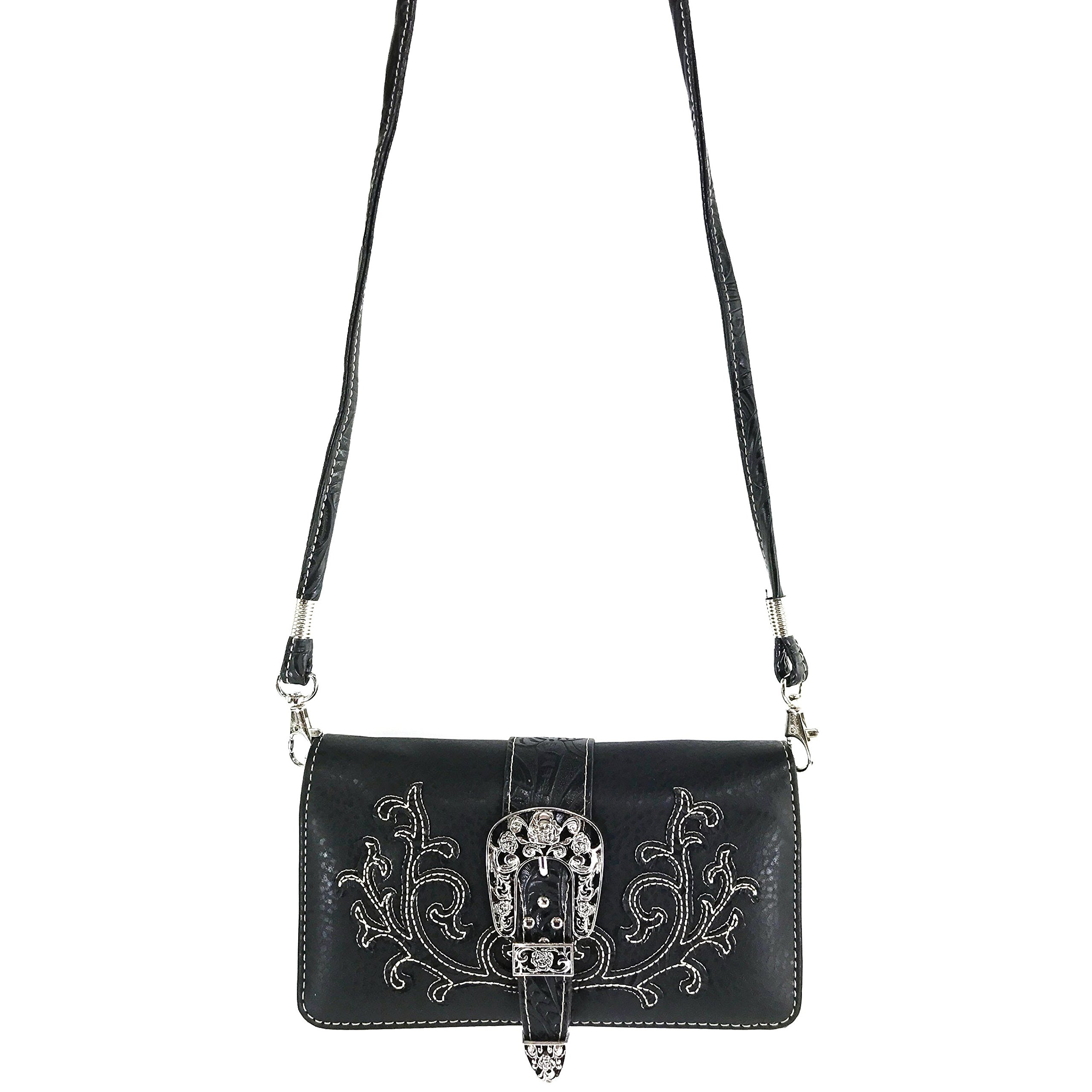 Justin West Concealed Carry Laser Cut Leather Floral Embroidery Rhinestone Berry Concho Studded Shoulder | Tote | Handbag Purse | Messenger Crossbody | Trifold Wallet (Black Purse and Wallet Set)