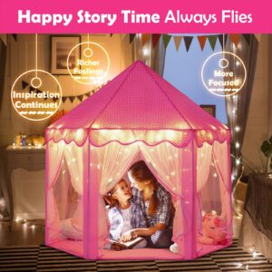 wilwolfer Princess Castle Play Tent for Girls Large Kids Play Tents Hexagon Playhouse with Star Lights Toys for Children Indoor Games (Pink)