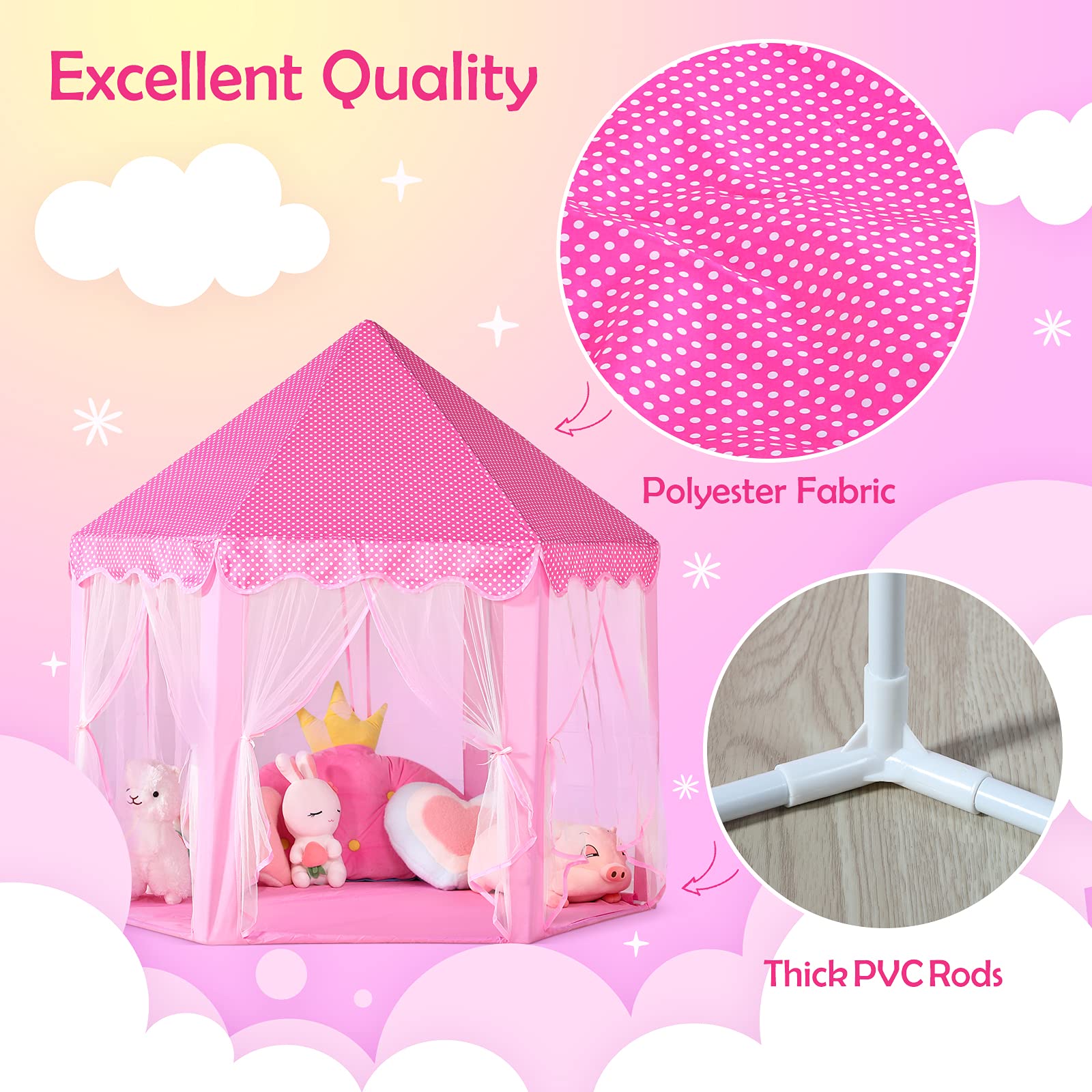 wilwolfer Princess Castle Play Tent for Girls Large Kids Play Tents Hexagon Playhouse with Star Lights Toys for Children Indoor Games (Pink)