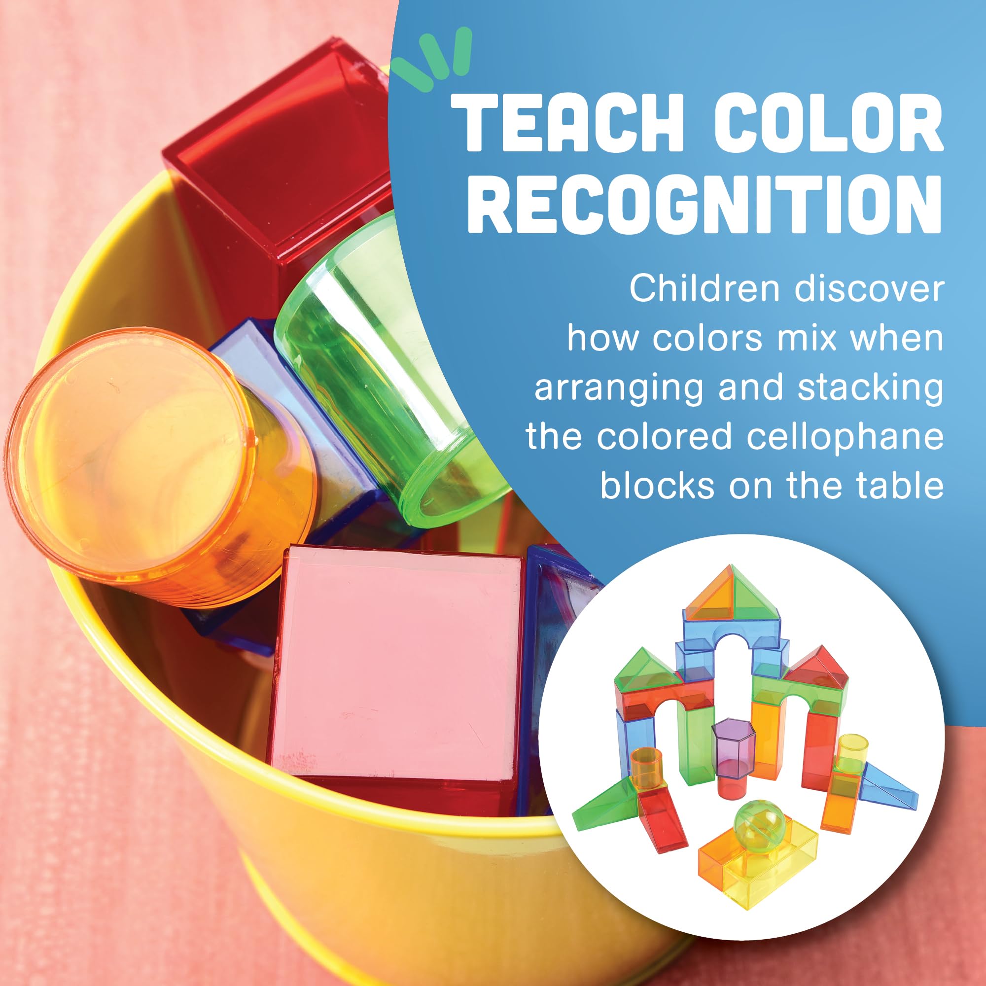 Constructive Playthings Translucent Color Building Blocks, Light Table Manipulatives, 3D Shapes for Teaching Color and Math, 50-Piece Playset, Toddler Toys for 12 Months & Up