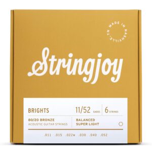 stringjoy bb1152 brights 80/20 bronze acoustic guitar strings, (super light gauge - 11-52)