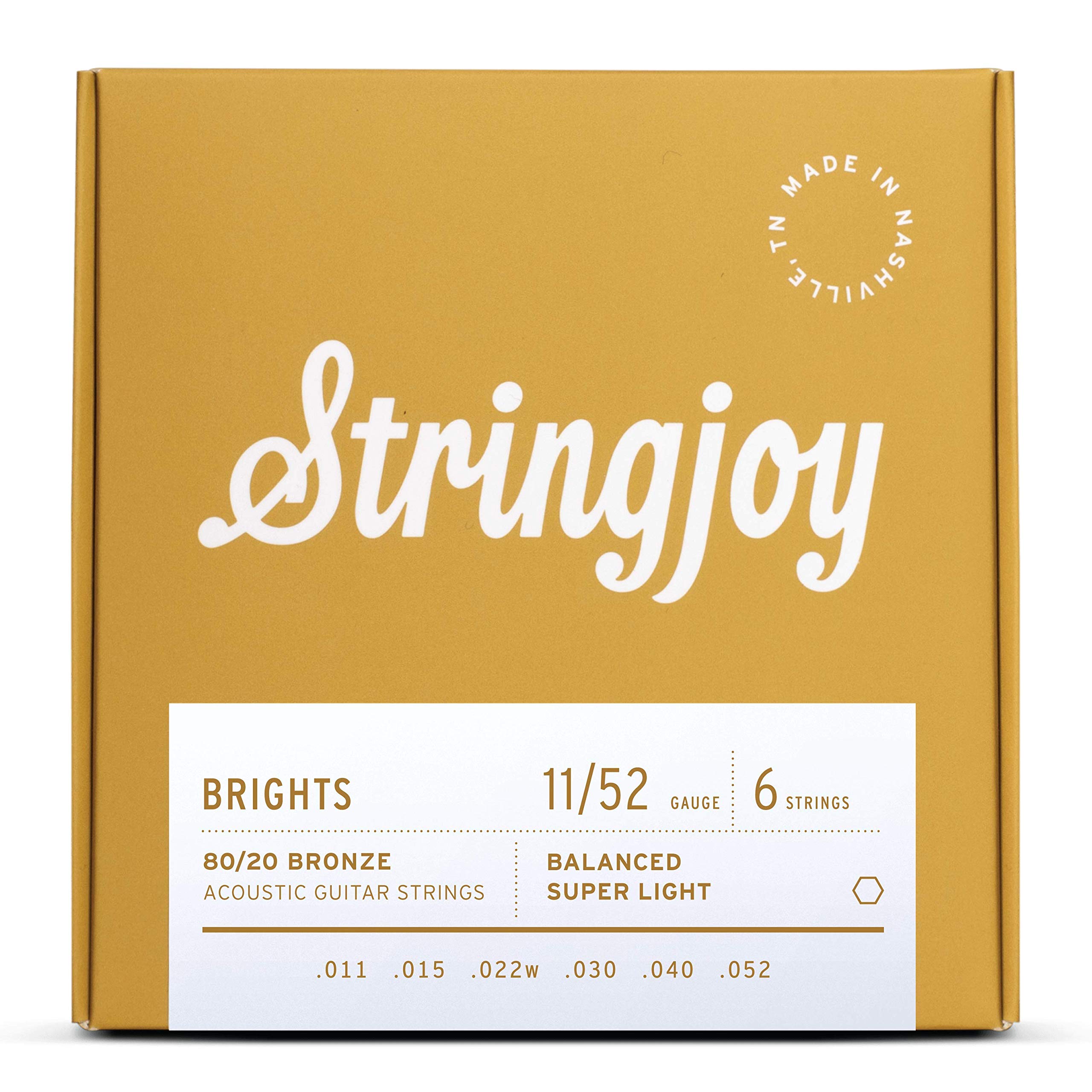 Stringjoy BB1152 Brights 80/20 Bronze Acoustic Guitar Strings, (Super Light Gauge - 11-52)