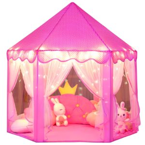 wilwolfer princess castle play tent for girls large kids play tents hexagon playhouse with star lights toys for children indoor games (pink)