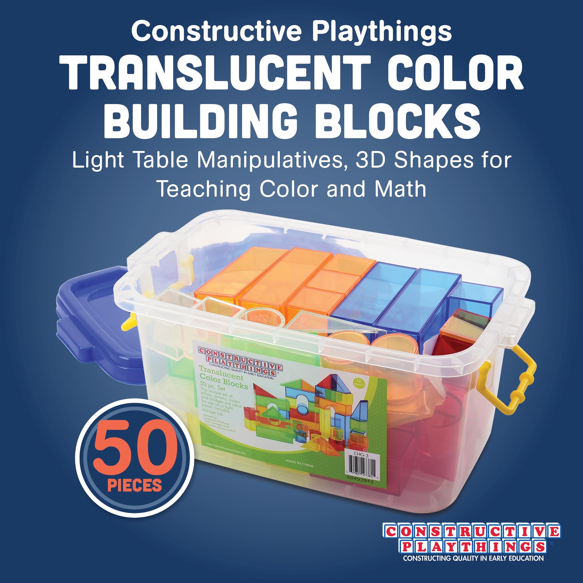 Constructive Playthings Translucent Color Building Blocks, Light Table Manipulatives, 3D Shapes for Teaching Color and Math, 50-Piece Playset, Toddler Toys for 12 Months & Up