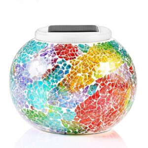 solar powered mosaic glass garden light, color changing glass led rechargeable night lamp waterproof solar outdoor lights for home,yard,patio,christmas party decorations (sun-colorful)