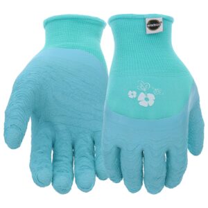 miracle-gro mg30851 durable grip gloves – [1 pair, x small] blue/floral, crinkle latex dipped gloves with knit shell