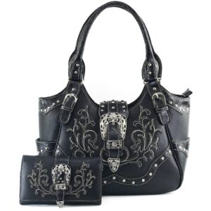 justin west concealed carry laser cut leather floral embroidery rhinestone berry concho studded shoulder | tote | handbag purse | messenger crossbody | trifold wallet (black purse and wallet set)