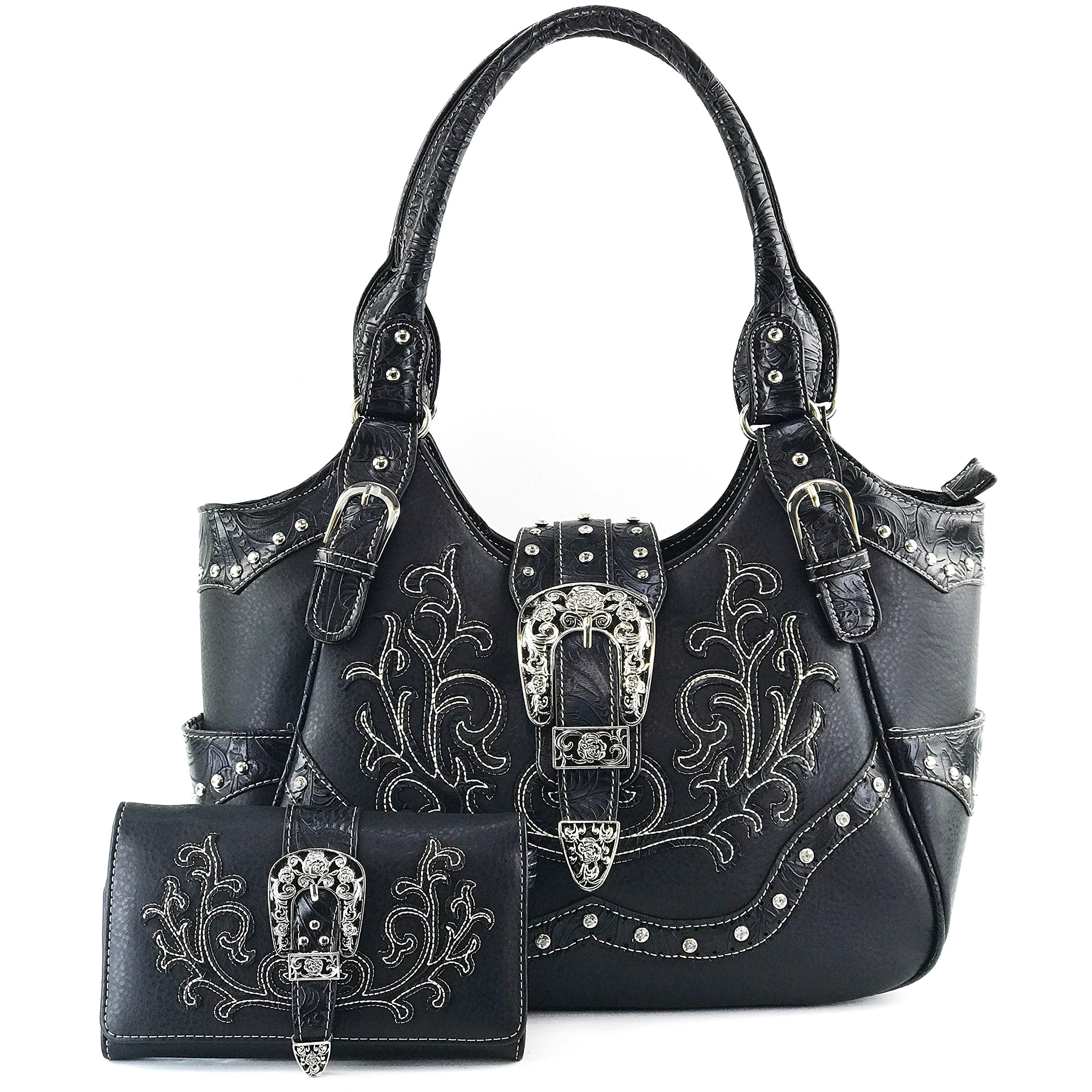 Justin West Concealed Carry Laser Cut Leather Floral Embroidery Rhinestone Berry Concho Studded Shoulder | Tote | Handbag Purse | Messenger Crossbody | Trifold Wallet (Black Purse and Wallet Set)